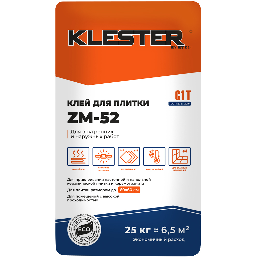 Клей для плитки KLESTER ZM-52 (для внутренних и наружных работ), 25 кг ...